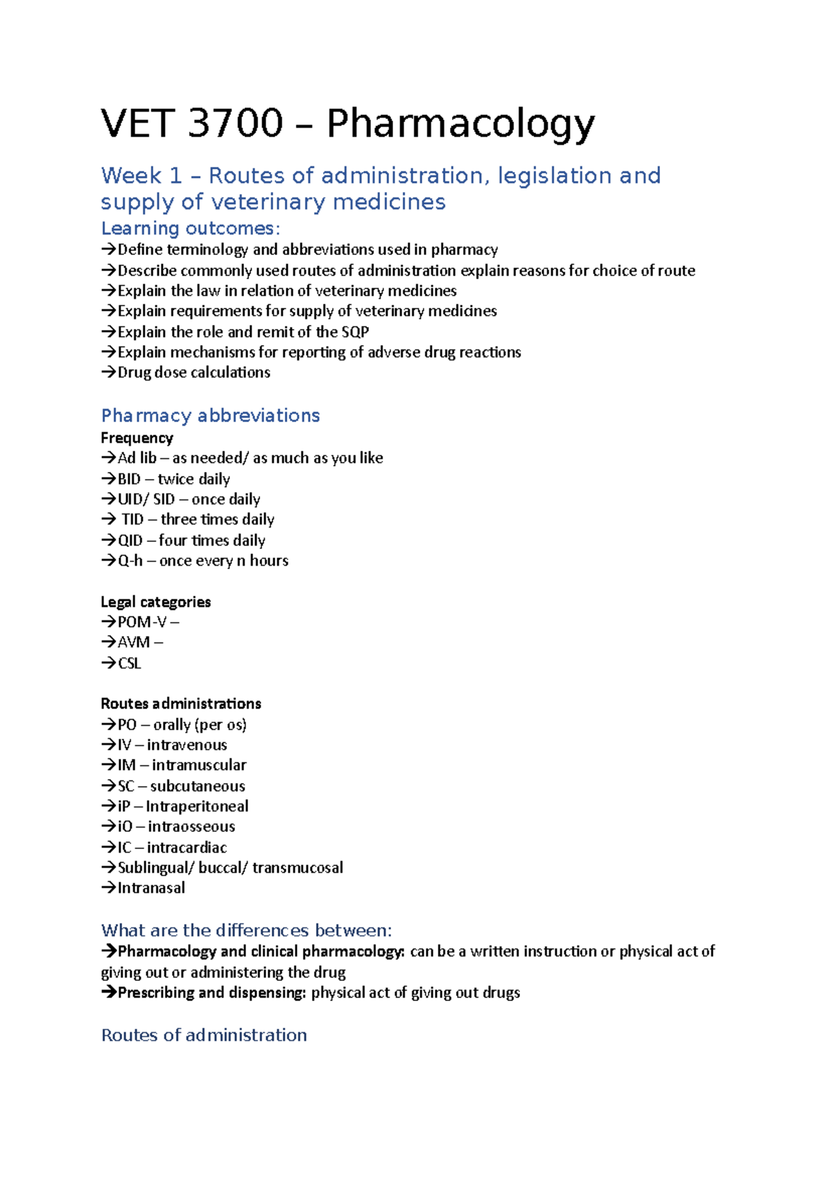 VET 3700 Pharmacology Week 1: Routes of administration legislation and ...