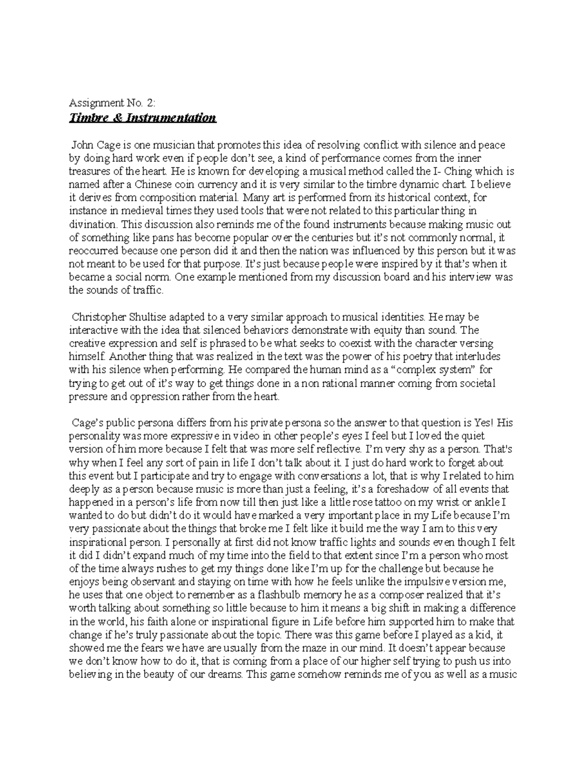 study materials notes chapter 1 - Assignment No. 2: Timbre ...