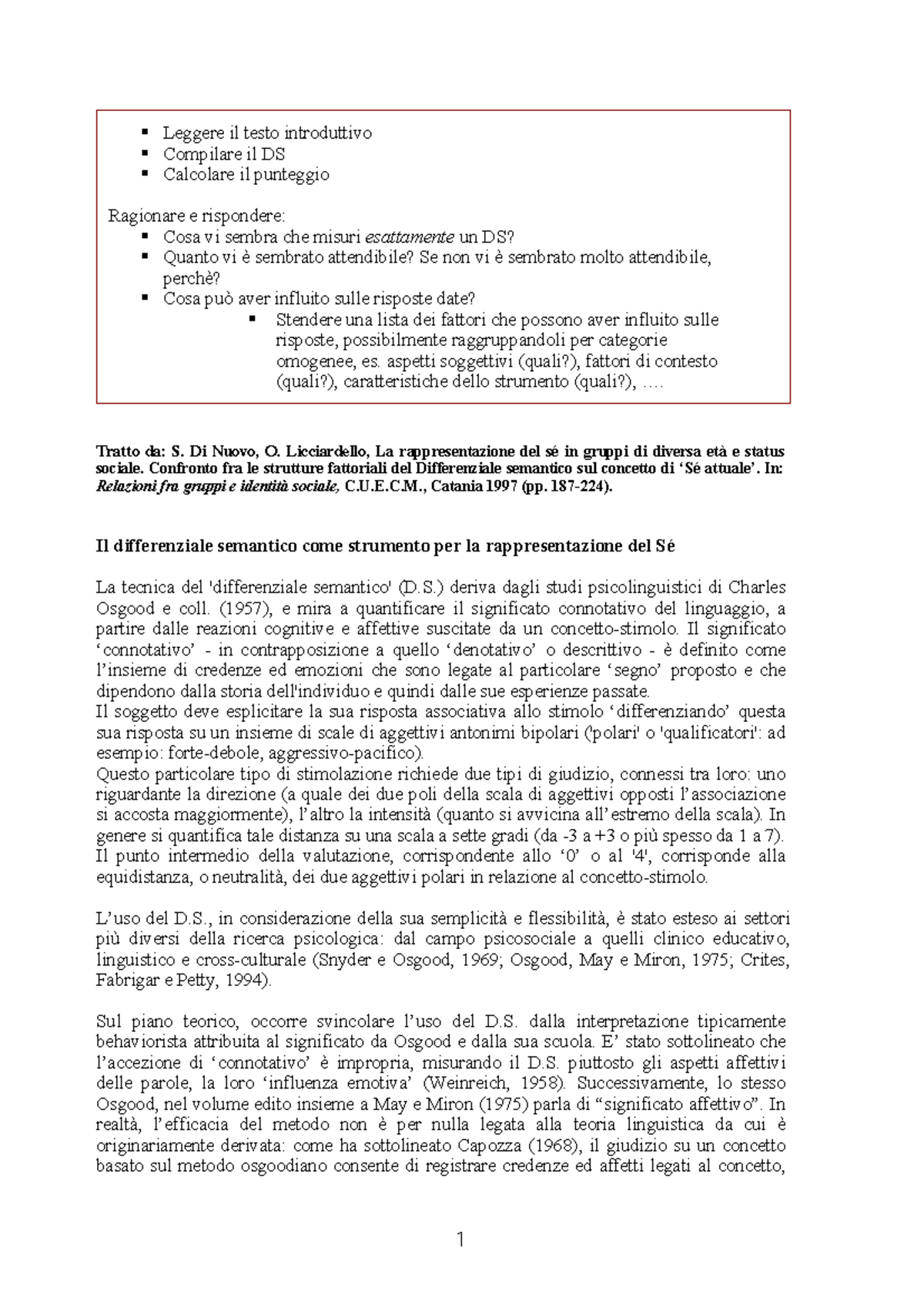 Differenziale semantico Esercitazione - Tratto da: S. Di Nuovo, O ...