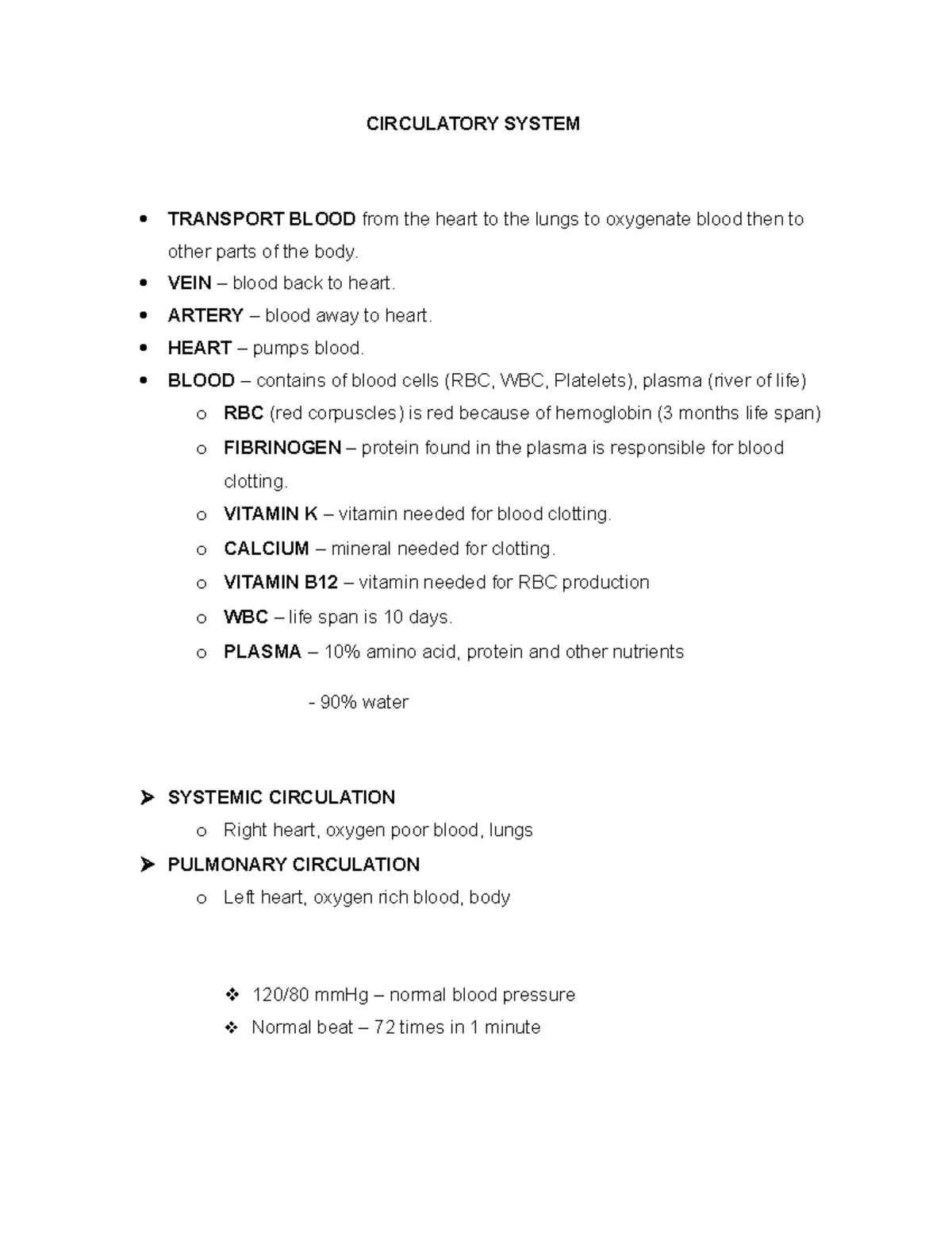 Circulatory System - Lecture notes 1 - CIRCULATORY SYSTEM TRANSPORT ...