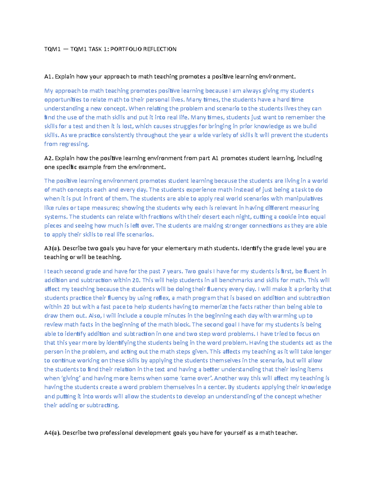 Portfolio - passed - TQM1 — TQM1 TASK 1: PORTFOLIO REFLECTION A1 ...