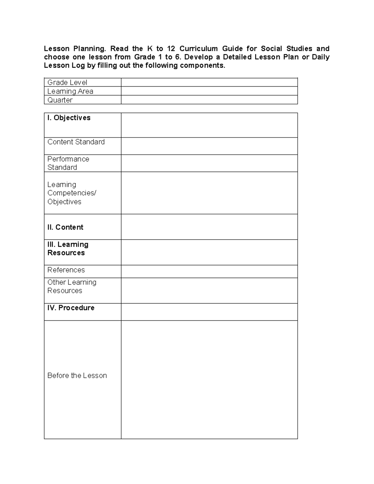 Lesson-Planning-Activity - Lesson Planning. Read the K to 12 Curriculum ...