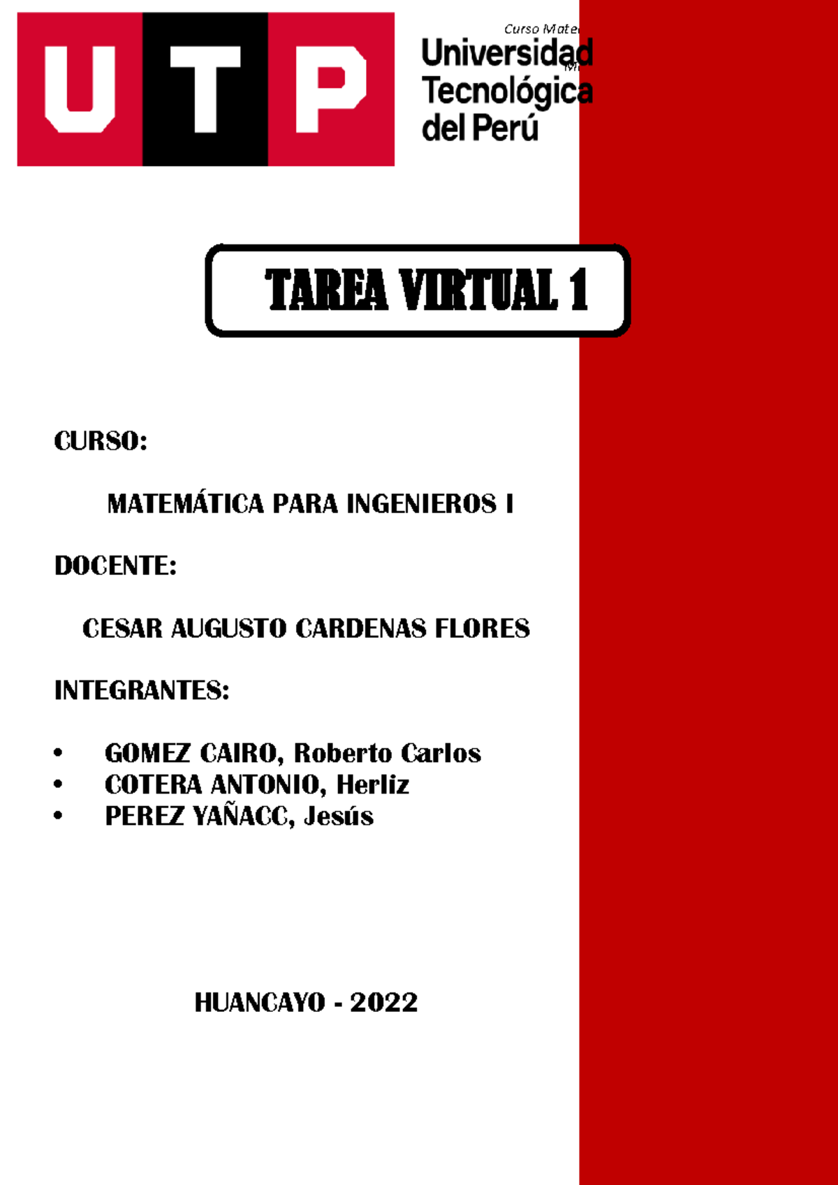Tarea Virtual 1 - 100000G10T Modalidad Semipresencial TAREA VIRTUAL 1 CURSO: MATEM¡TICA PARA ...