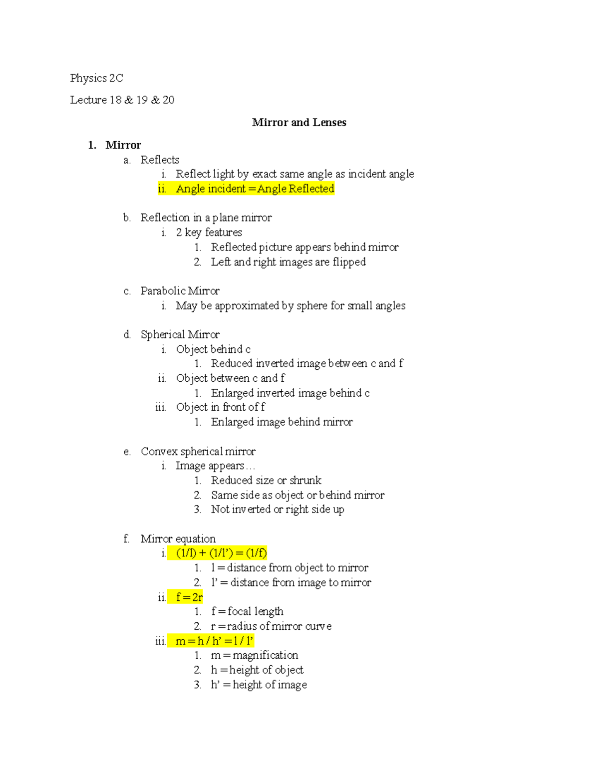 Physics 2C lecture 18-20 - Physics 2C Lecture 18 & 19 & 20 Mirror and ...
