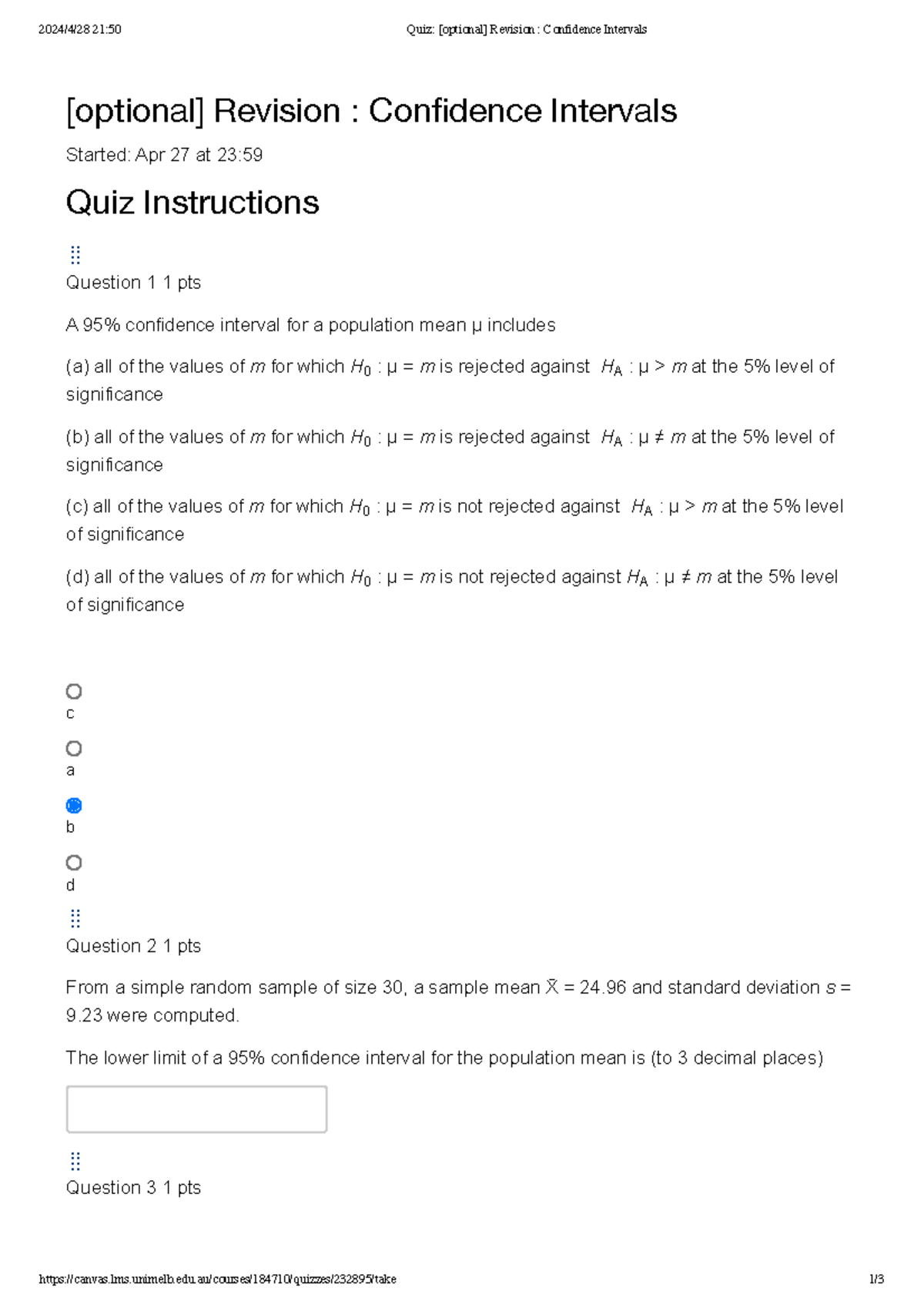 Quiz [optional] Revision Confidence Intervals - 2024/4/28 21:50 Quiz ...