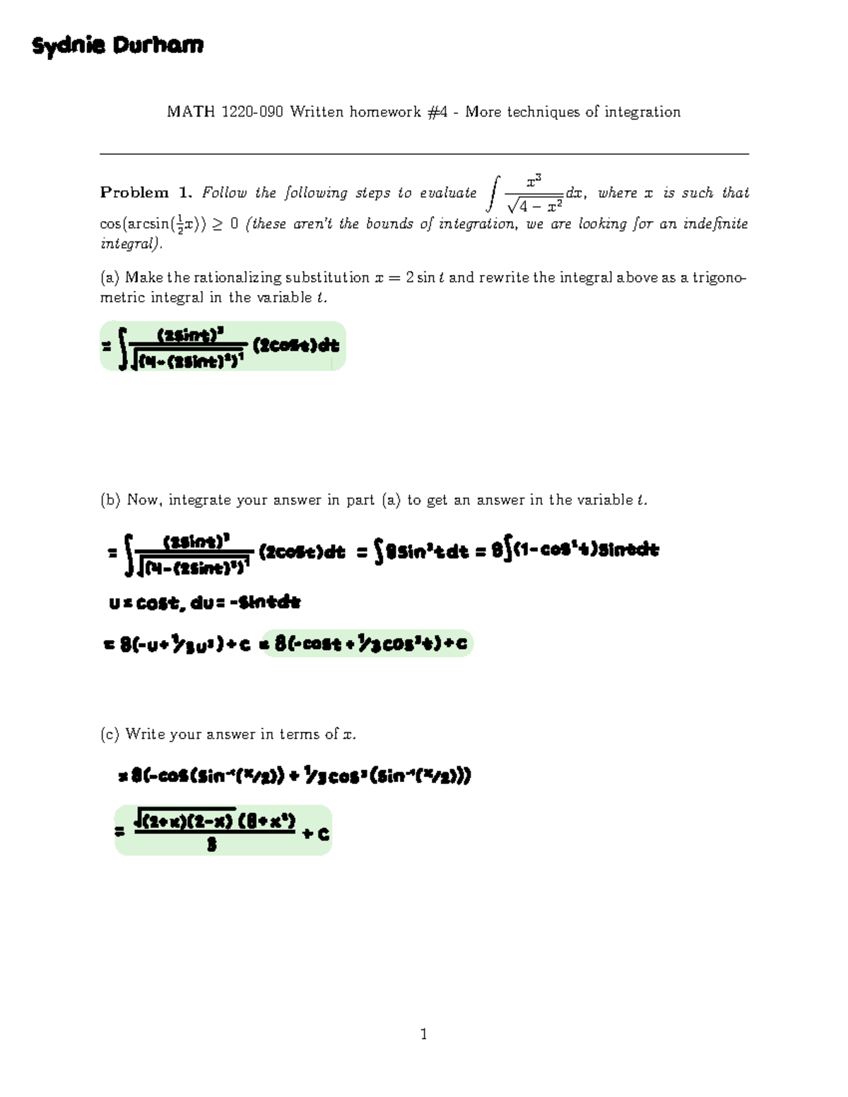 Assignment 12 - MATH 1220-090 Written homework #4 - More techniques of ...