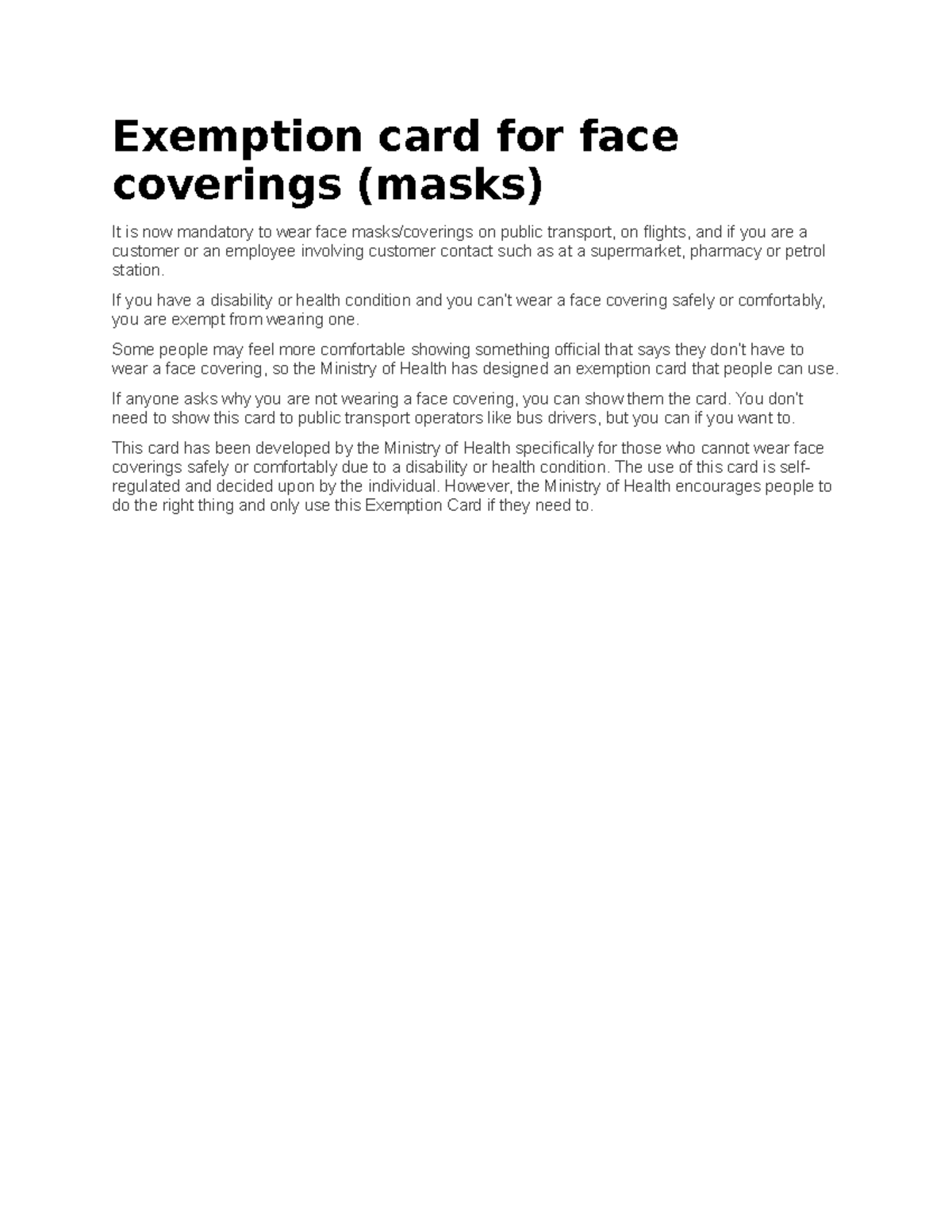 CRWT- Article - Exemption card for face coverings (masks) It is now ...