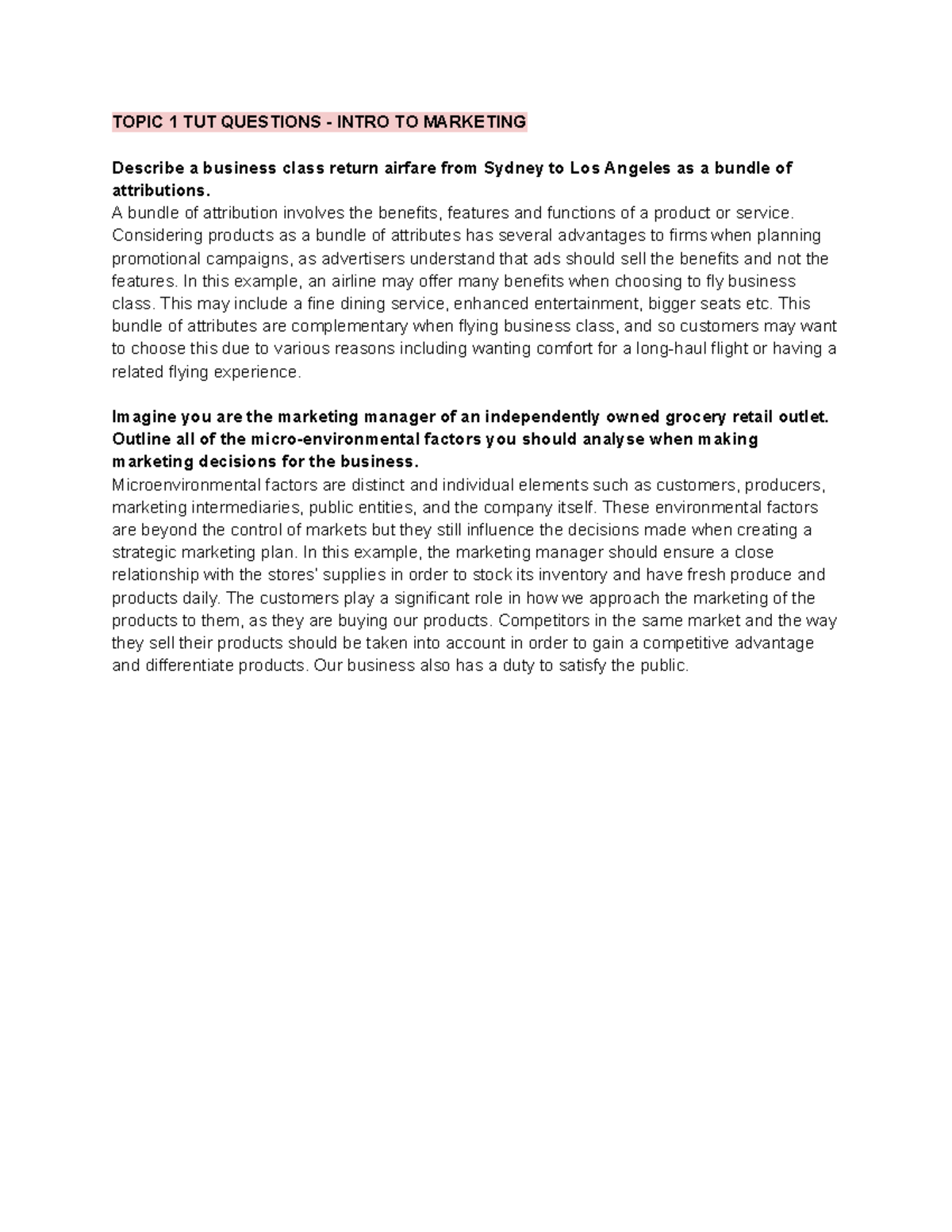 Topic 1 TUT Questions - Intro TO Marketing - TOPIC 1 TUT QUESTIONS ...