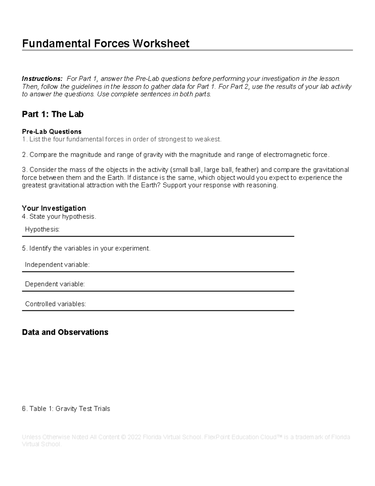 1.06 - Forces - rdfs - Fundamental Forces Worksheet Instructions: For ...