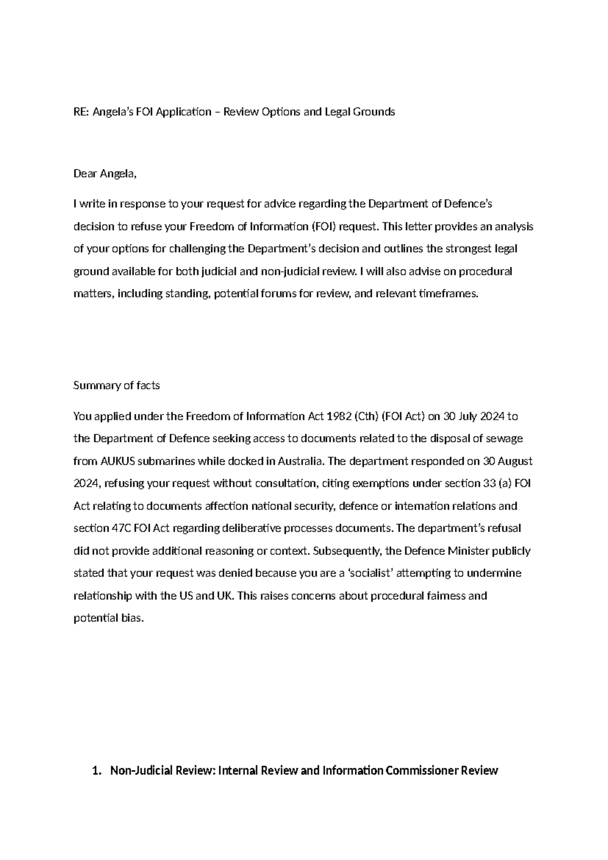 Angela Advice - RE: Angela’s FOI Application – Review Options and Legal ...