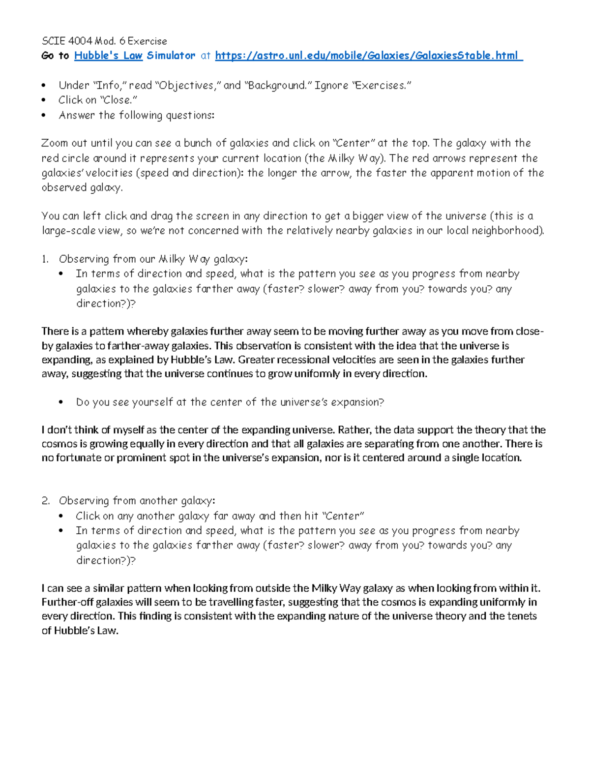 Module 6 Exercise - SCIE 4004 Mod. 6 Exercise Go to Hubble's Law Simulator at - Studocu