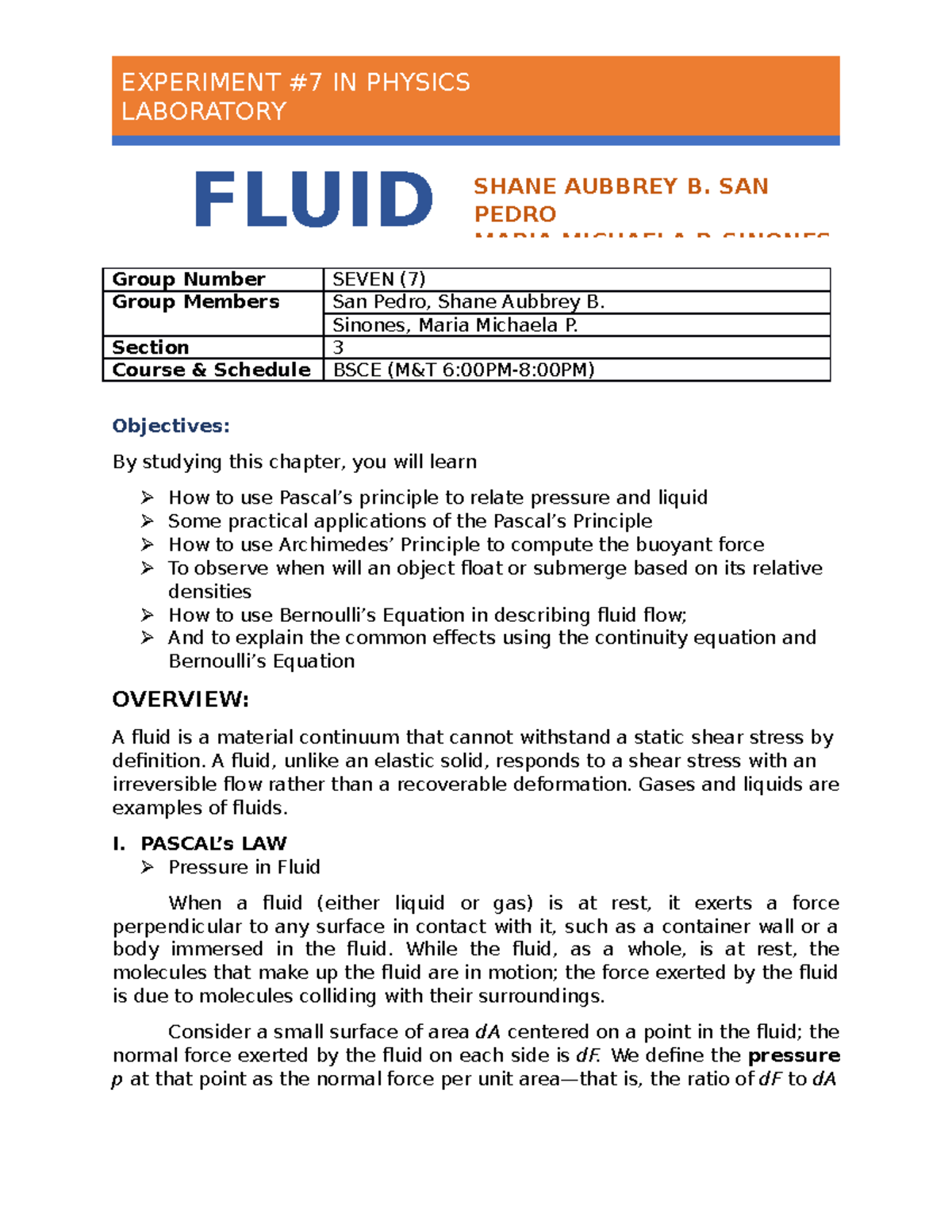 Fluids Laboratory Experiment (Virtual) - LABORATORY Group Number SEVEN ...