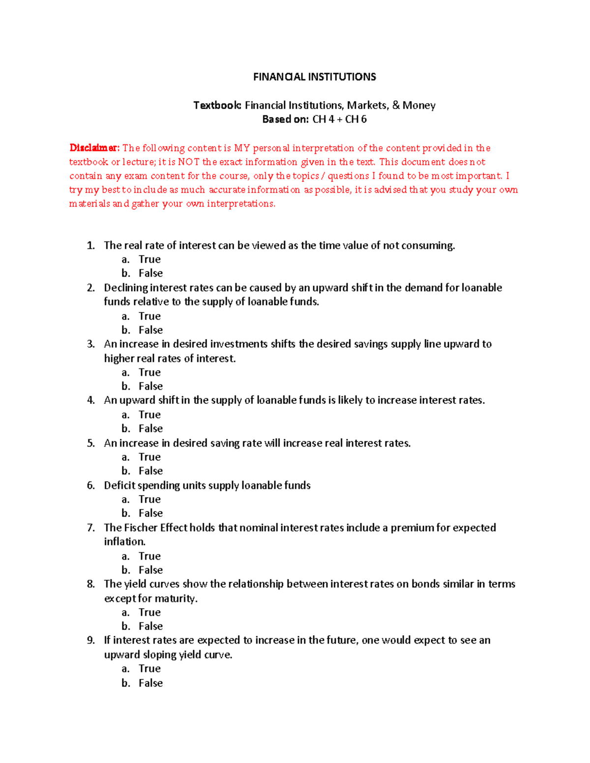 Financial Institutions - Questions - Chapters 4, 6 - FINANCIAL ...