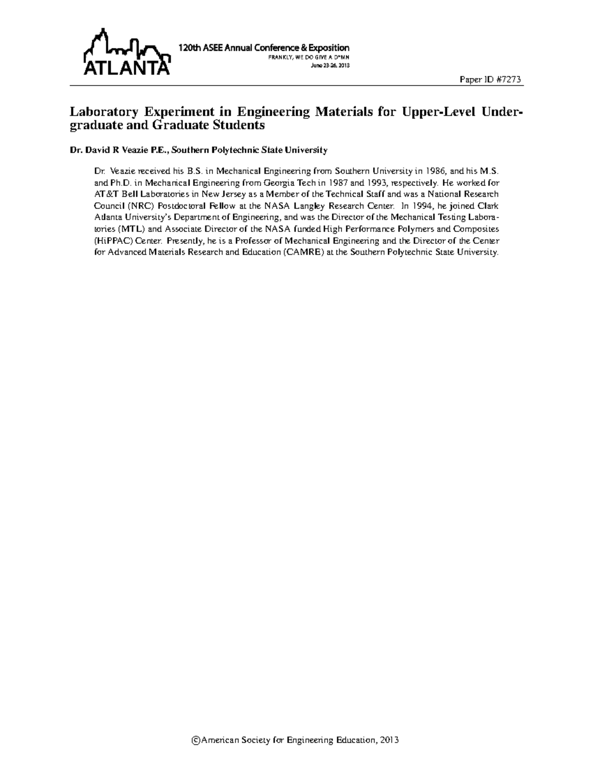 ASEE 2013 Atlanta Paper Revised - Paper ID # Laboratory Experiment in ...
