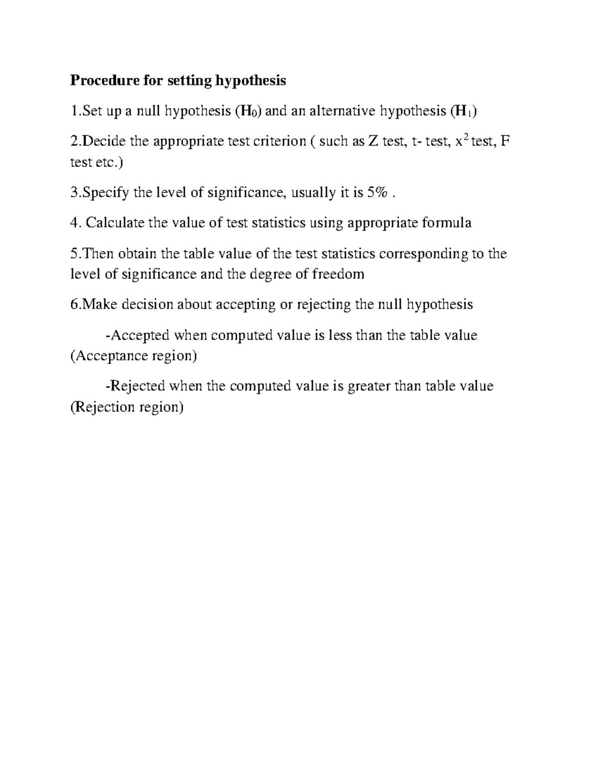 Testing of hypothesis 3 - Procedure for setting hypothesis 1 up a null ...
