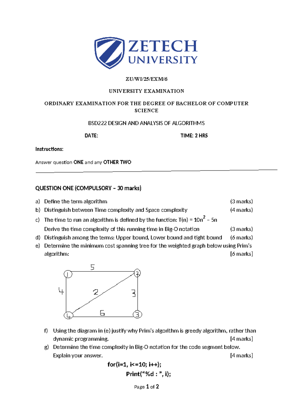 PAST Paper - Design AND Analysis OF Algorithms - ZU/WI/25/EXM ...