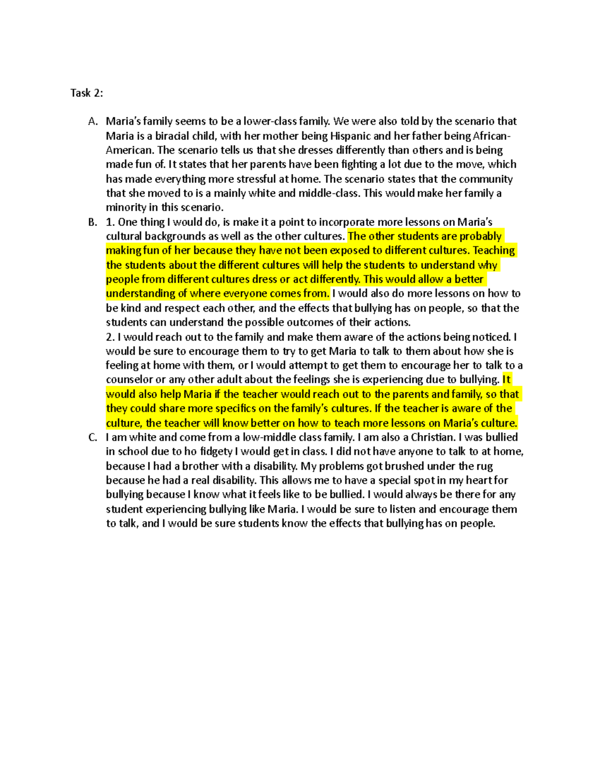 Task 2 for D097 Educational Foundations - Task 2: A. Maria’s family ...