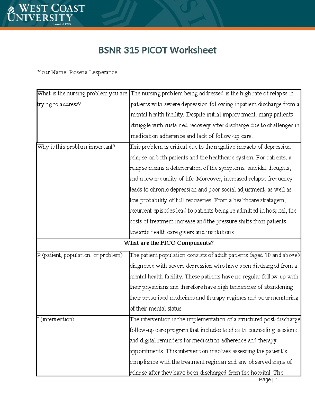 Bsnr315Week4 Picotworksheet 2 - BSNR 315 PICOT Worksheet Your Name ...