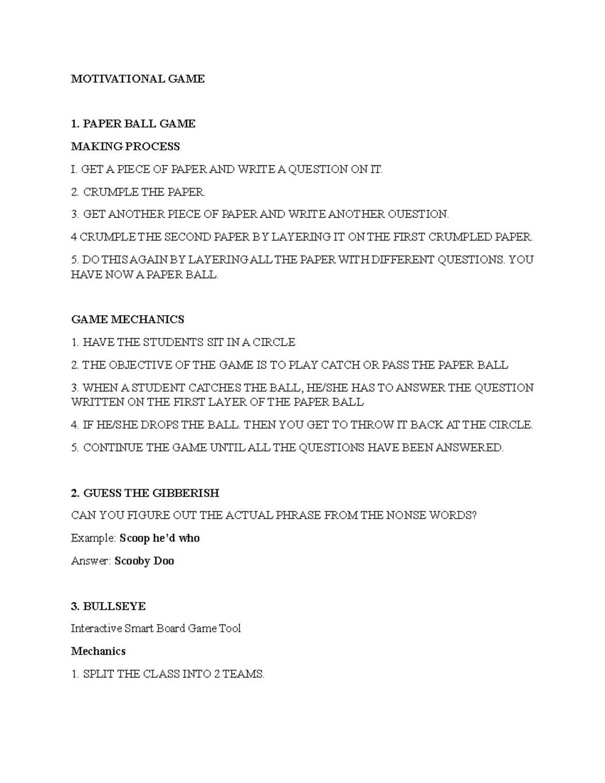 Motivational Games - ACTIVITY - MOTIVATIONAL GAME 1. PAPER BALL GAME ...