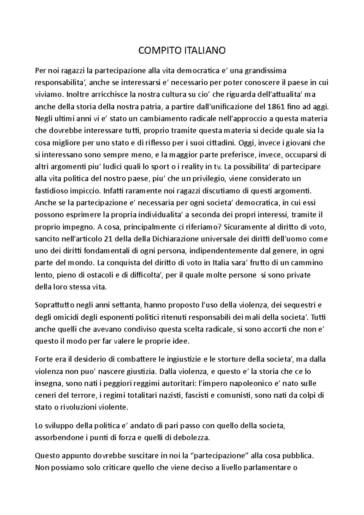 Compito Italiano - terza media - COMPITO ITALIANO Per noi ragazzi la ...