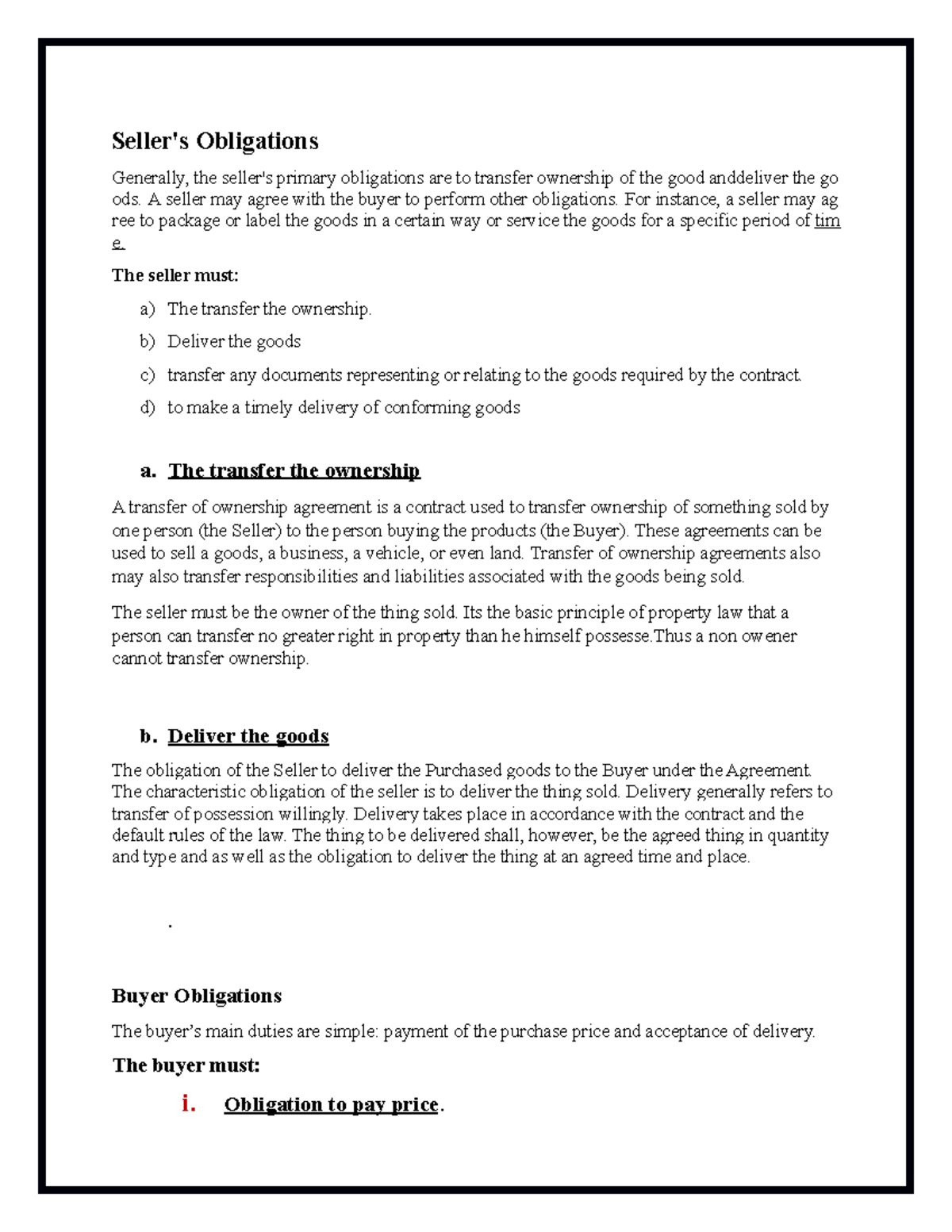 Business-law assignment - Seller's Obligations Generally, the seller's ...