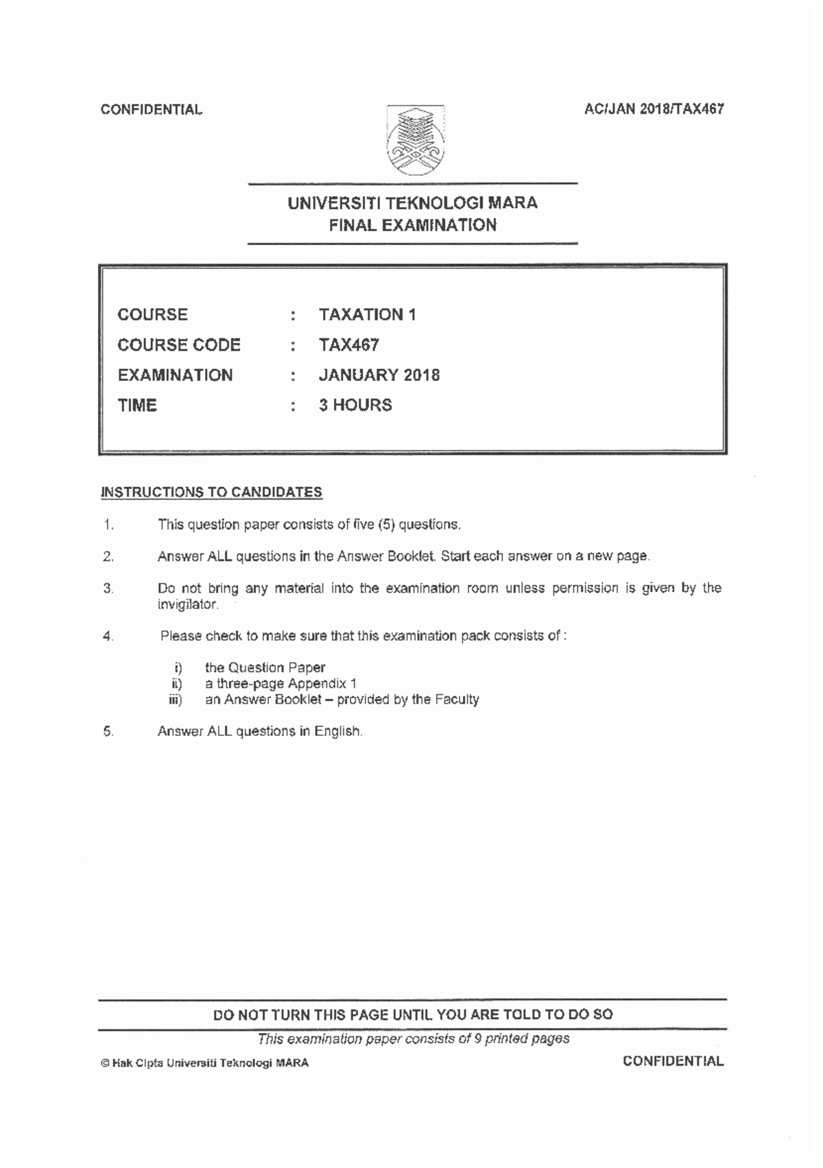 TAX467 JAN 2018 - past year questions - Taxation II - Studocu