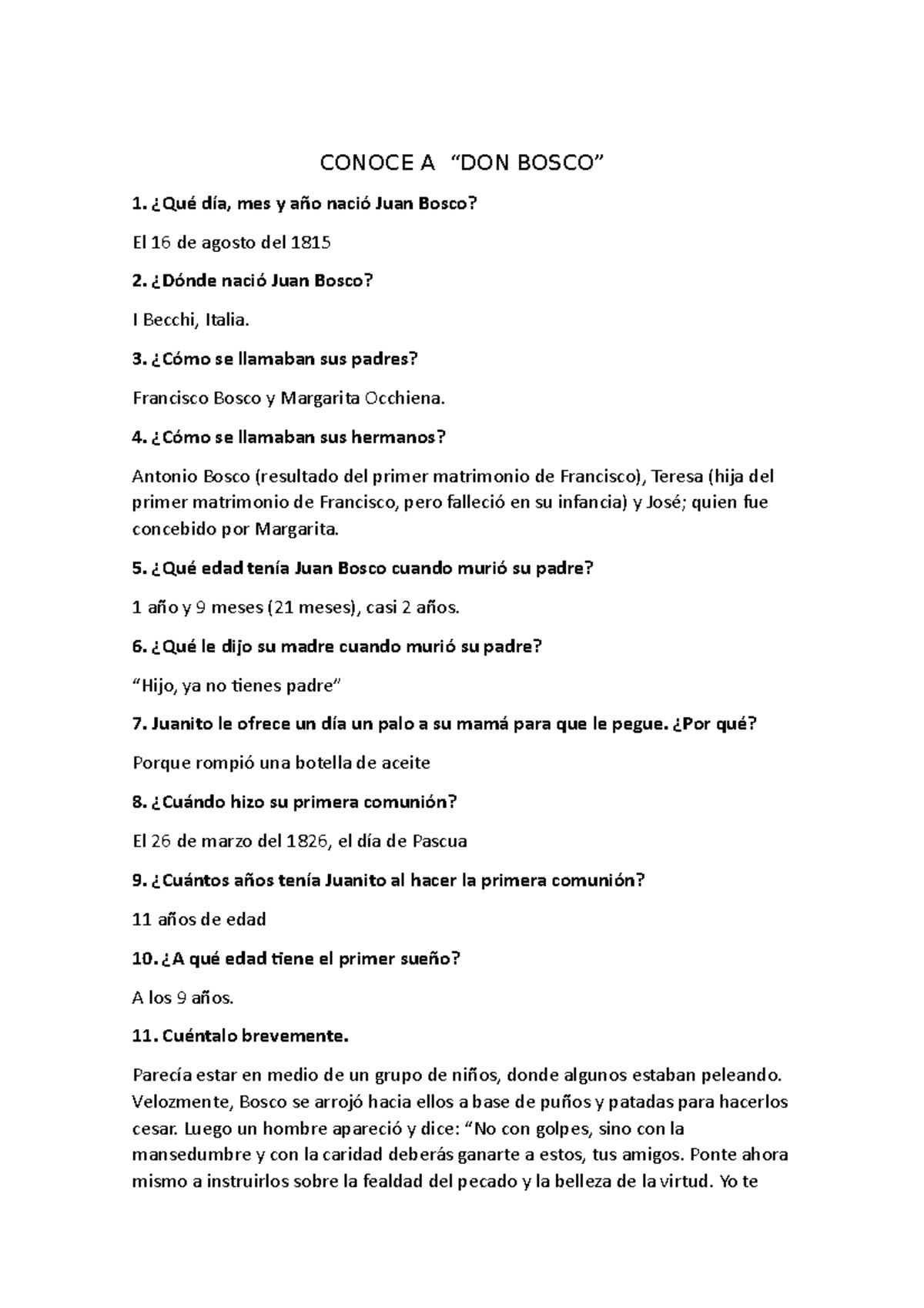88 preguntas de Don Bosco (PARA Studoc) - CONOCE A “DON BOSCO” ¿Qué día, mes y año nació Juan ...