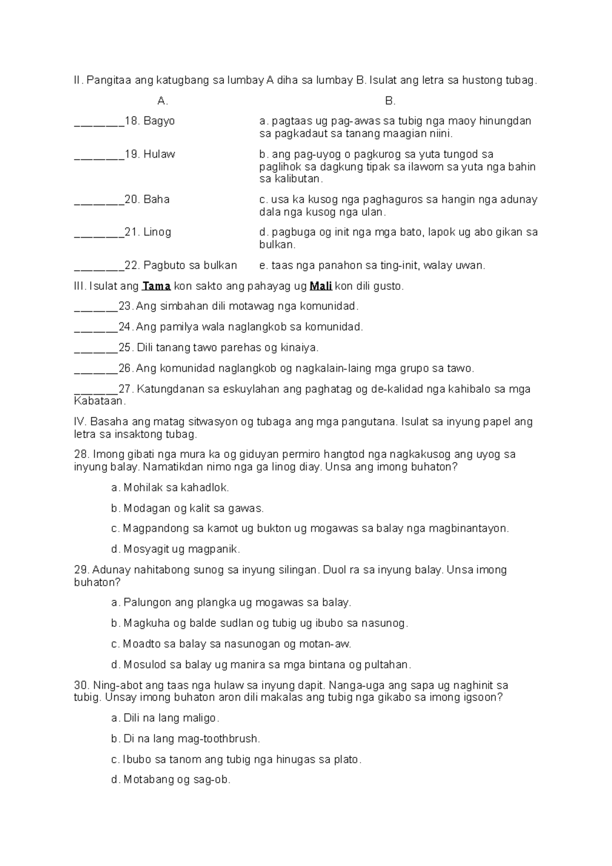 Mam mj - exam - II. Pangitaa ang katugbang sa lumbay A diha sa lumbay B ...