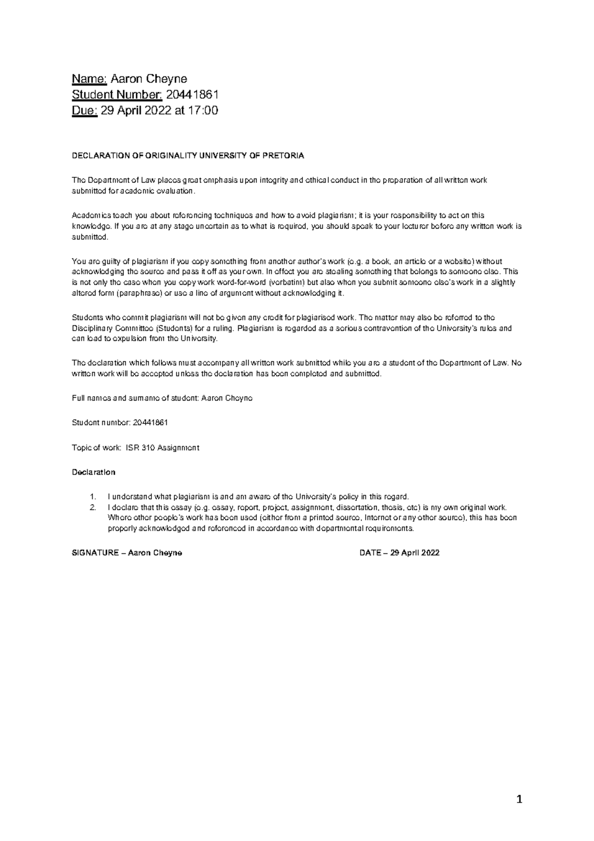 ISR Assignment - u2044861 - Name: Aaron Cheyne Student Number: 20441861 ...