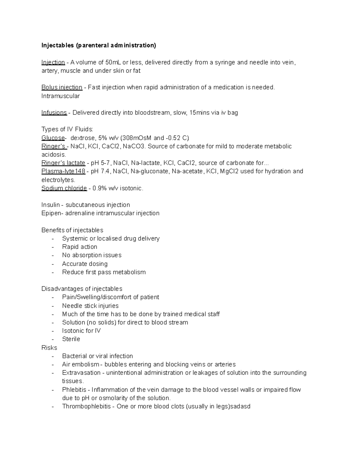 1822 notes lecture - Injectables (parenteral administration) Injection ...