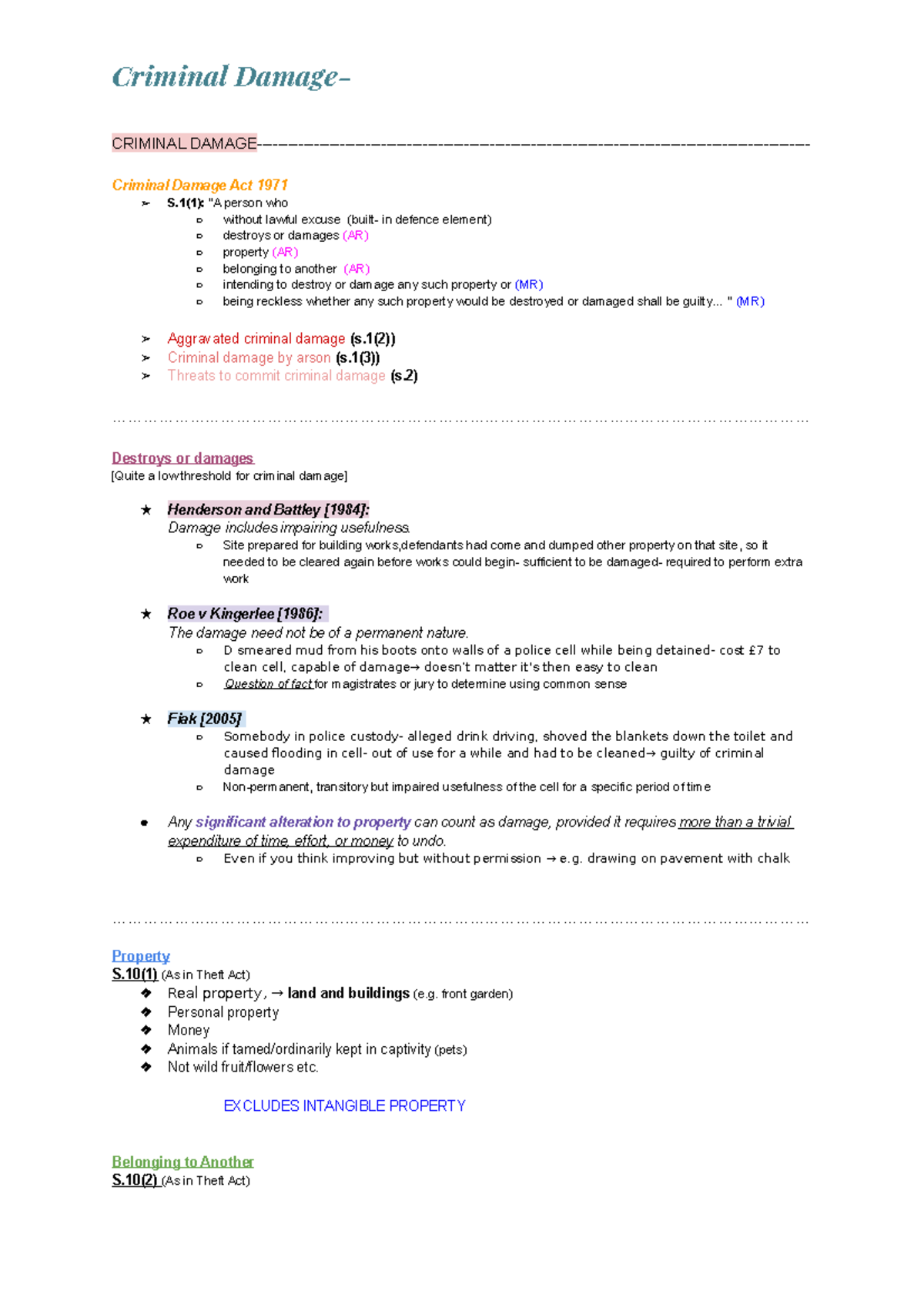 Criminal Damage - Revision Notes - Criminal Damage- CRIMINAL DAMAGE ...