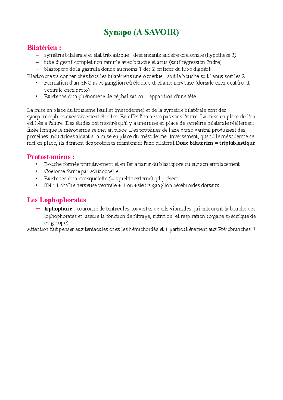 Fiches diversité animal synapo - Synapo (A SAVOIR) Bilatérien ...