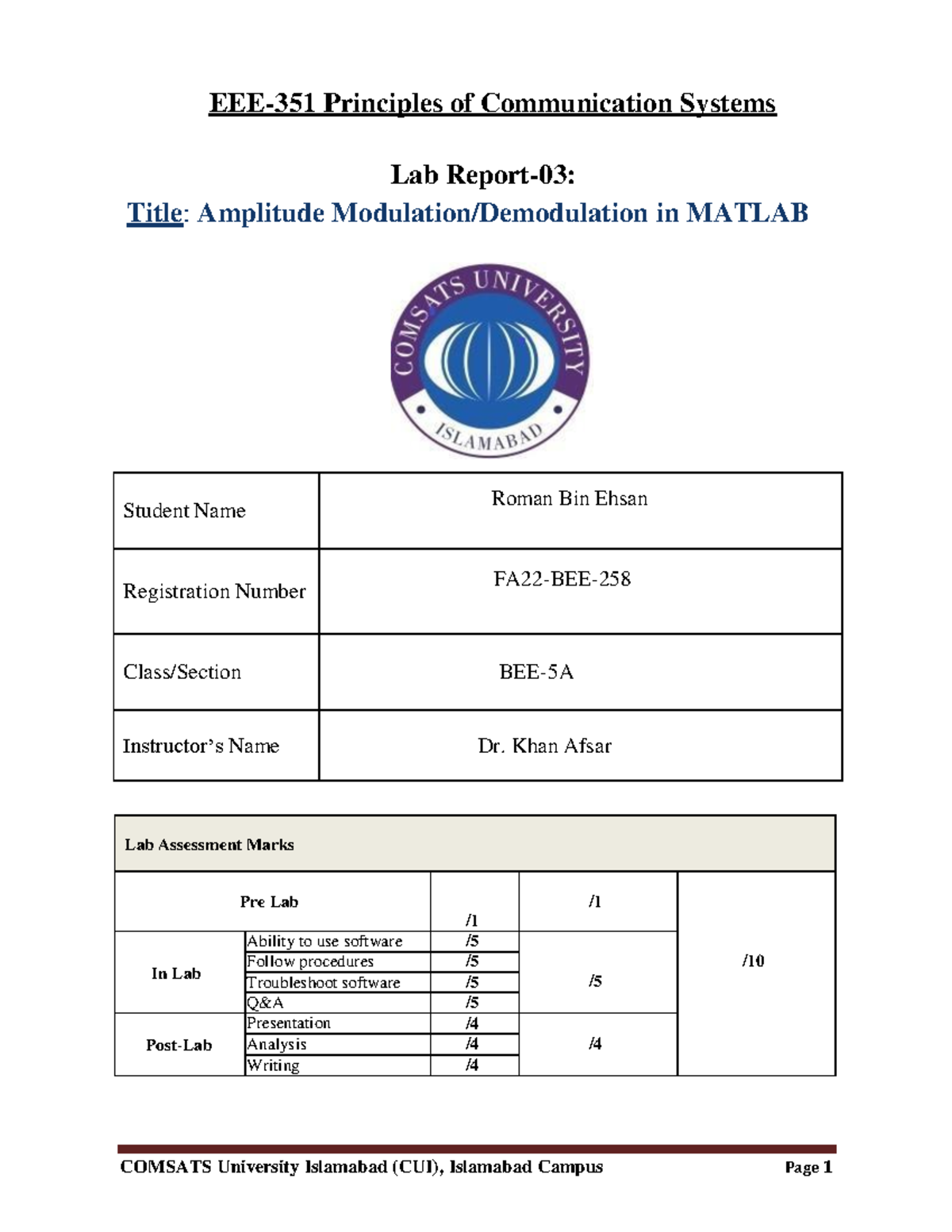 PCS Lab Report 3 - EEE- 351 Principles of Communication Systems Lab Report-03: Title: Amplitude ...