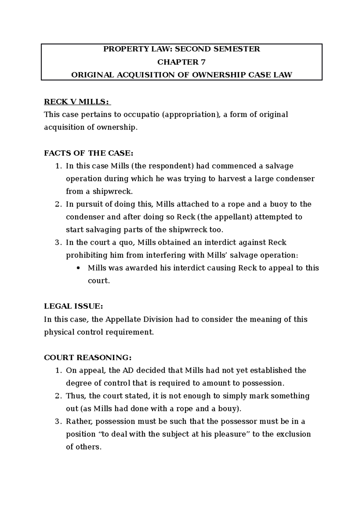 Chapter 7 Original Acquisition of Ownership Case law - PROPERTY LAW ...
