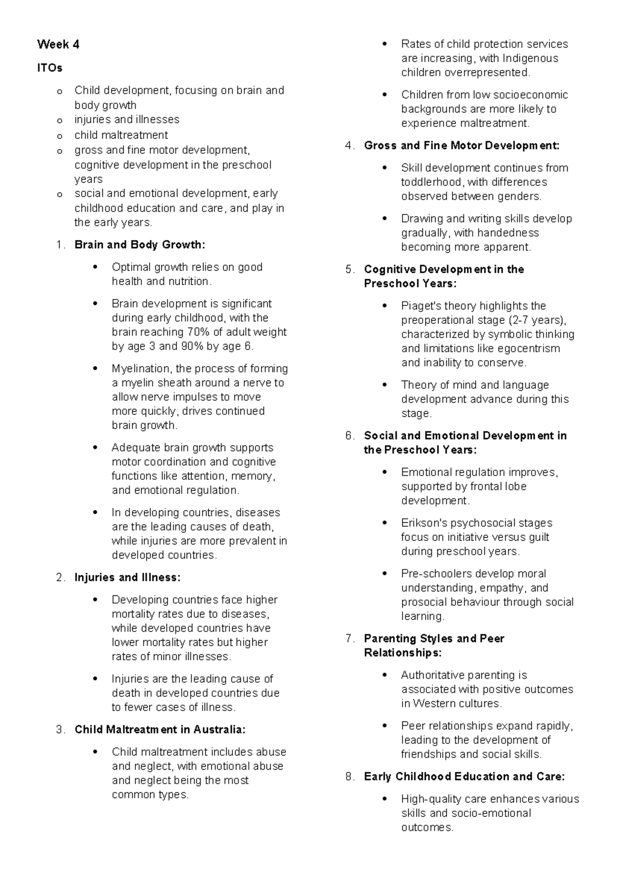 Week 4 - summary of the week - Week 4 ITOs o Child development ...