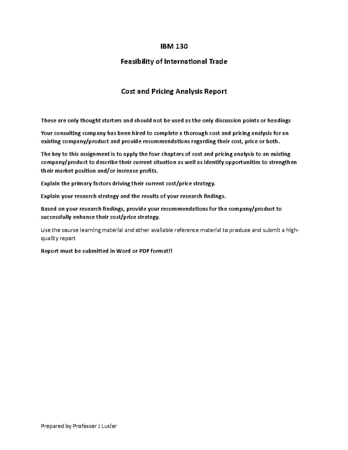 Cost And Pricing Analysis Report Guidelines IBM 130 Feasibility Of