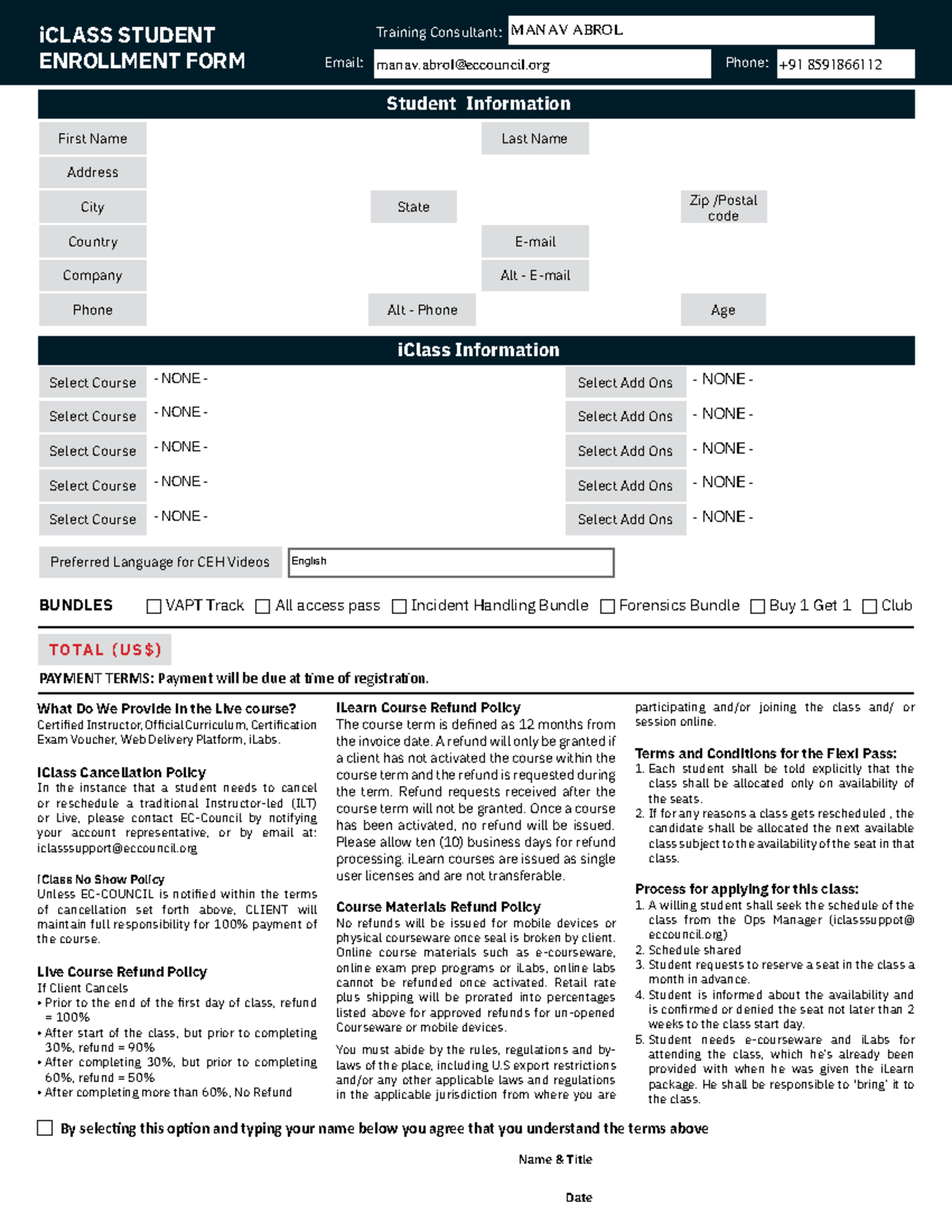 Student Enrollment form 24 - iCLASS STUDENT ENROLLMENT FORM T O TA L ...