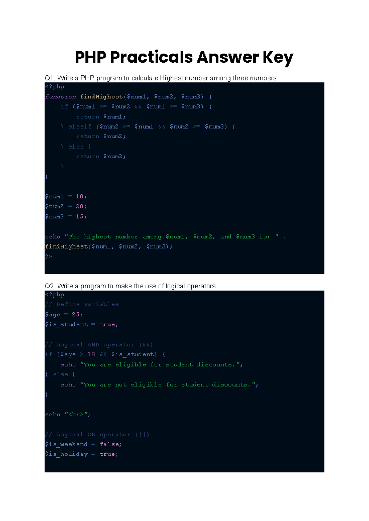 Php Answer Key Php Practicals Answer Key Q1 Write A Php Program To Calculate Highest Number