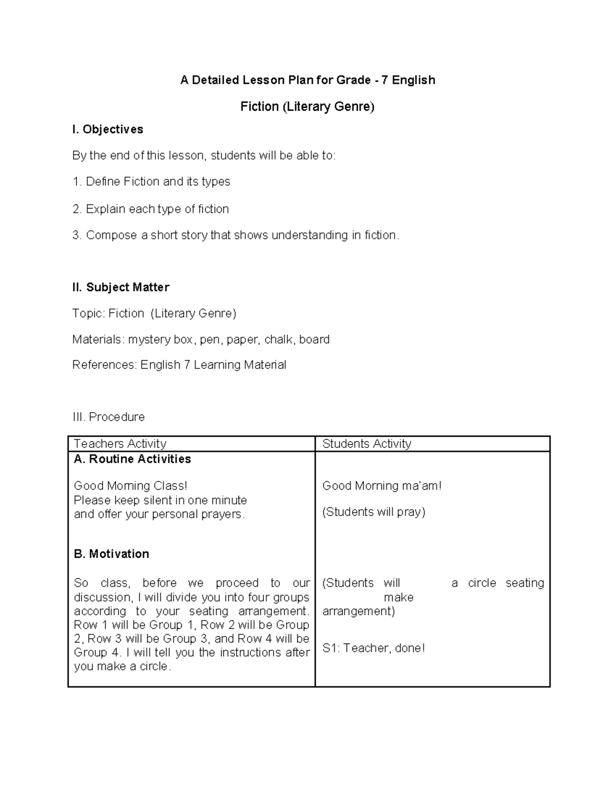 Lesson plan literary genre - A Detailed Lesson Plan for Grade - 7 ...