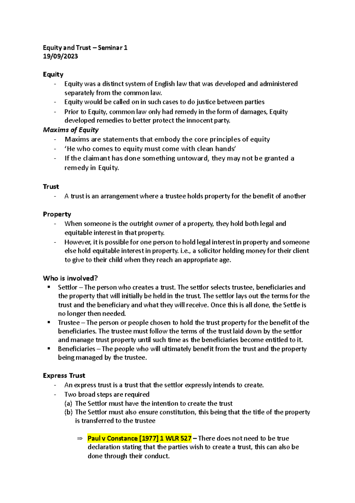 Week 1 Equity of Trust - Equity and Trust – Seminar 1 19/09/ Equity ...