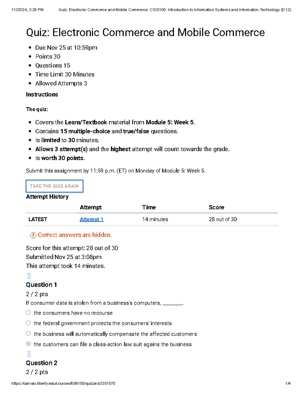 Quiz Electronic Commerce and Mobile Commerce CSIS100 Introduction to Information Systems and ...