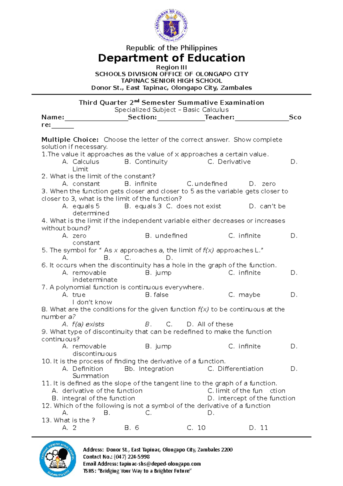 Basic CAL Q3 Summative for basic calculus - Department of Education ...
