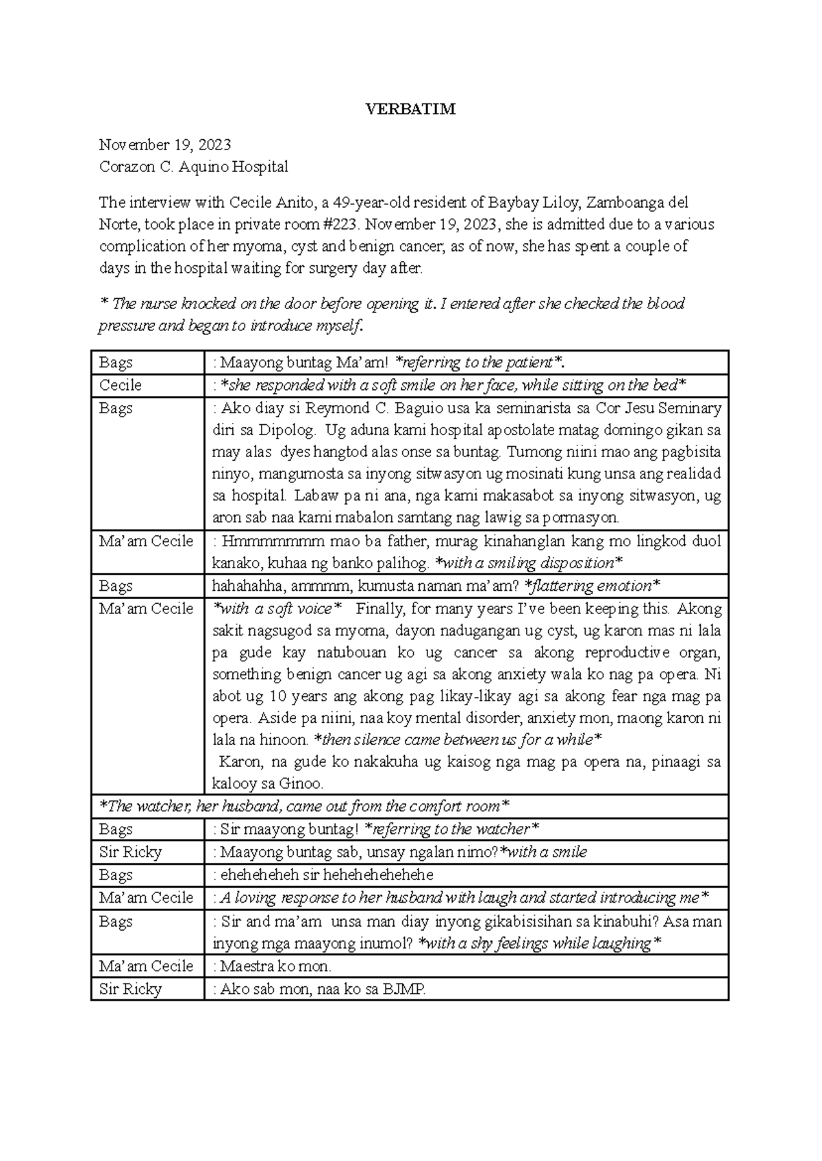 Verbatim - Hospital visit - VERBATIM November 19, 2023 Corazon C ...