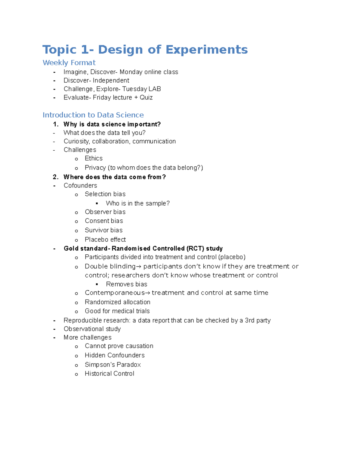 Topic 1 Design of Experiments Notes - Topic 1- Design of Experiments ...