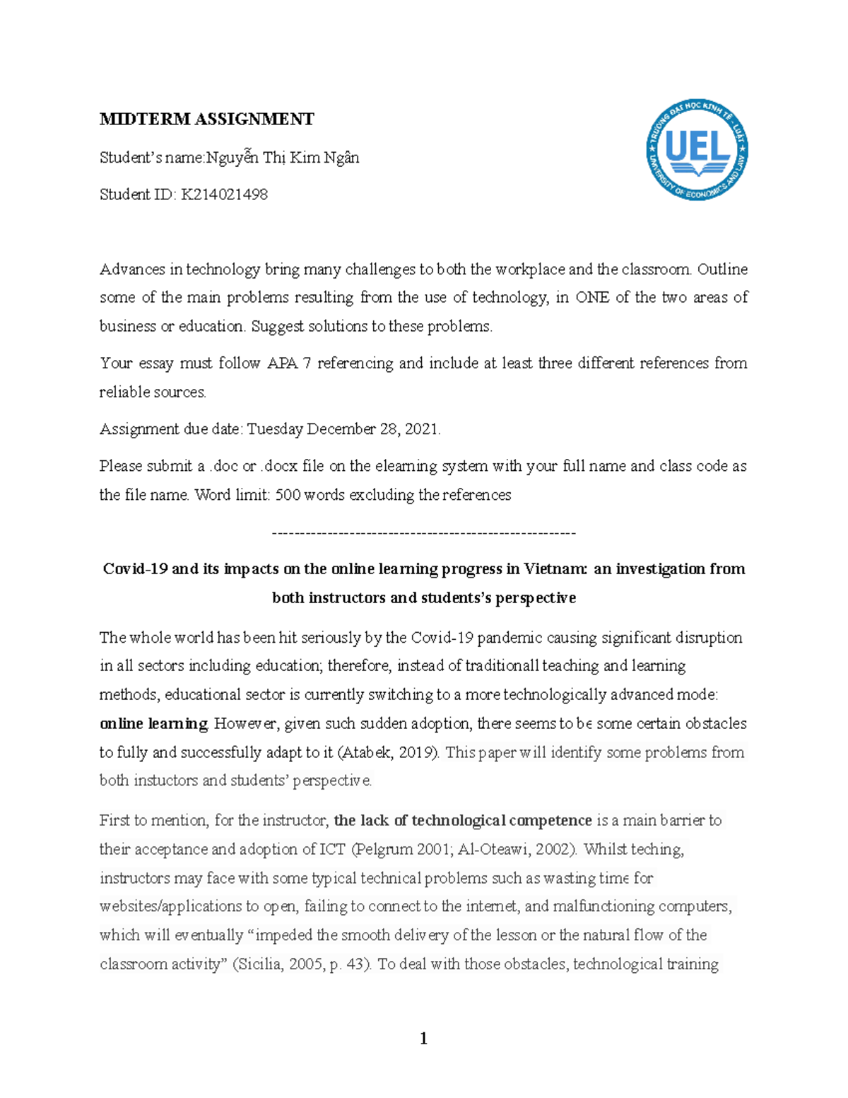 Nguyễn-Thị-Kim-Ngân K214021498-1 - MIDTERM ASSIGNMENT Student’s name:Nguyễn Thị Kim Ngân Student ...