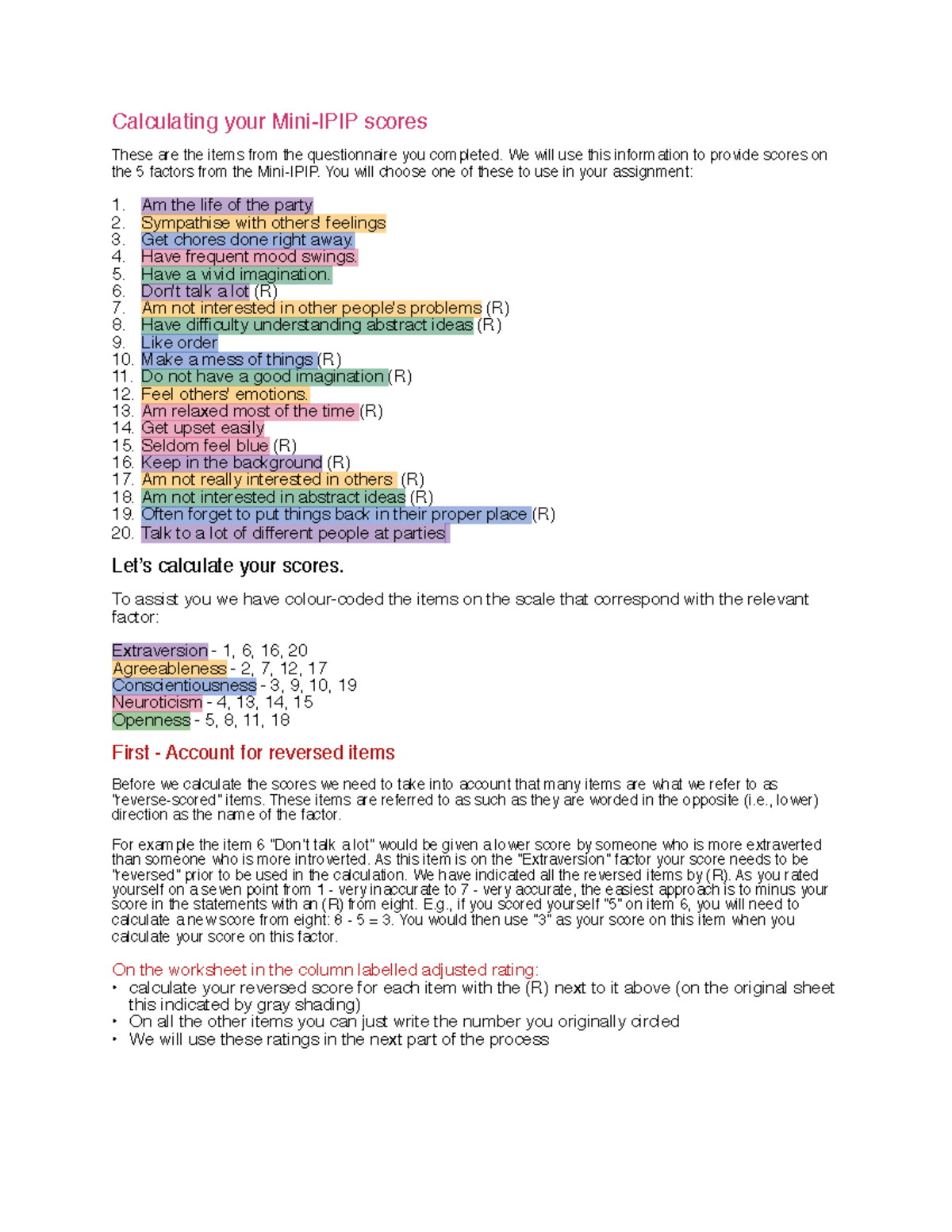 Calculating your Mini-IPIP scores 2022 - Calculating your Mini-IPIP scores These are the items ...
