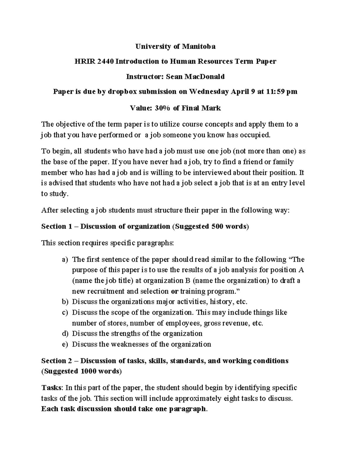 Asper HRIR 2440 Term Paper Guidelines - University of Manitoba HRIR ...