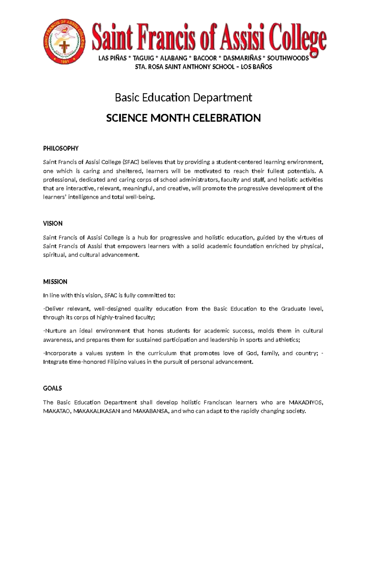 Science- Month- Celebration - LAS PIÑAS * TAGUIG * ALABANG * BACOOR ...