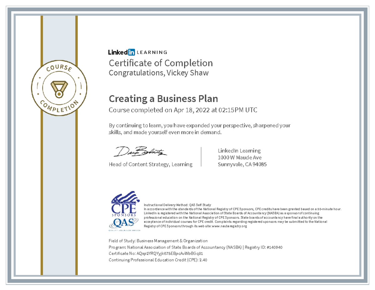 Certificate Of Completion Creating a Business Plan - Certificate of ...