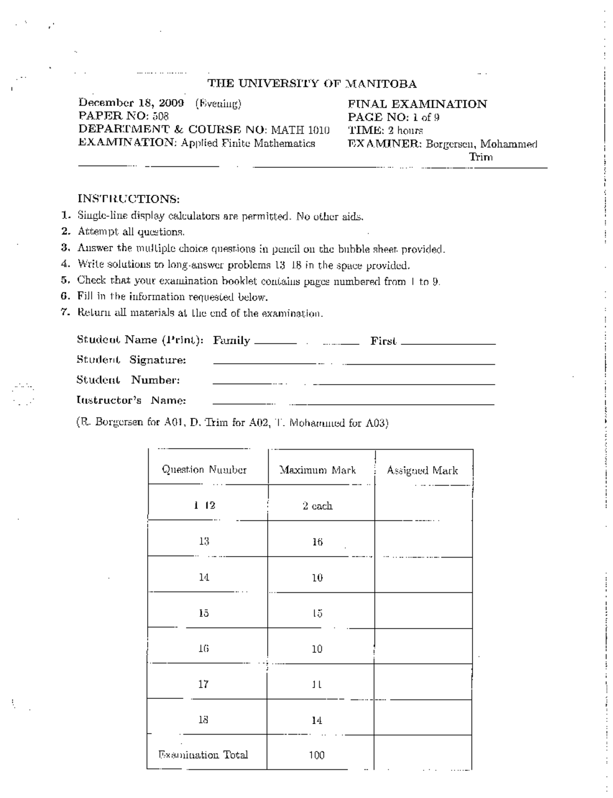 Exam 18 December 2009, questions - MATH 1010 - Studocu